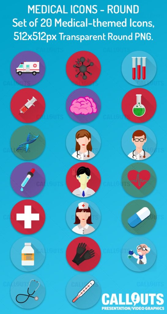 Callouts Creative Assets | Medical Theme Icons Collection Round Flat Style